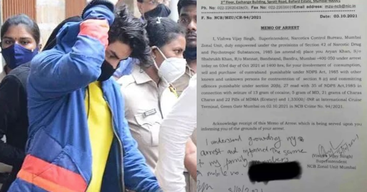 SEE PIC: Aryan Khan's arrest memo LEAKED - Masala.com