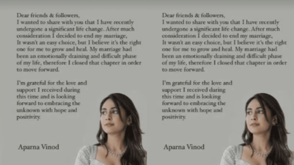 Malayalam actress Aparna Vinod calls off her two-year-long marriage with husband Rinil Raj in ...